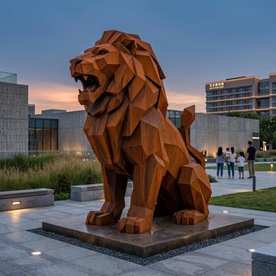 China Large Modern Geometric Corten Steel Lion Sculpture Outdoor Garden Landmark Art for sale