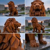 China Large Modern Geometric Corten Steel Lion Sculpture Outdoor Garden Landmark Art for sale