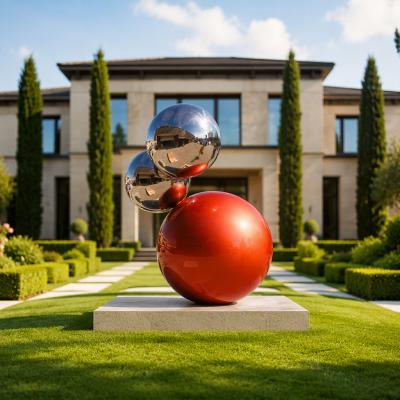 China Mirror Polished Stainless Steel and Glossy Red Balloon Sphere Sculpture Outdoor Garden Art Decor for Plaza Park Mall Landscape for sale