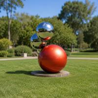 China Mirror Polished Stainless Steel and Glossy Red Balloon Sphere Sculpture Outdoor Garden Art Decor for Plaza Park Mall Landscape for sale