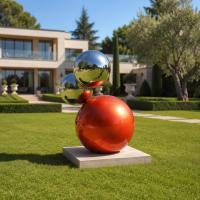 China Mirror Polished Stainless Steel and Glossy Red Balloon Sphere Sculpture Outdoor Garden Art Decor for Plaza Park Mall Landscape for sale
