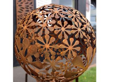 China 100cm Corten Steel Ball Sculpture with Floral Pattern - Garden Decor with Lighting Option and Custom Sizes for sale