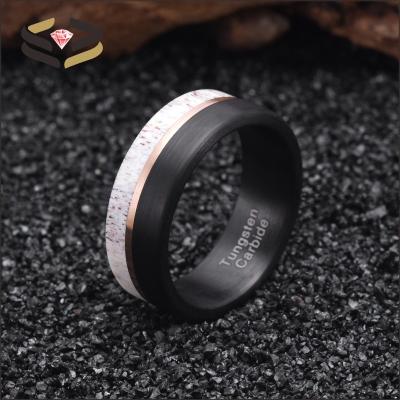 China 8mm Black Tungsten Ring with Deer Antler and Rose Gold Strip Inlay - Premium Wedding Band for Men for sale