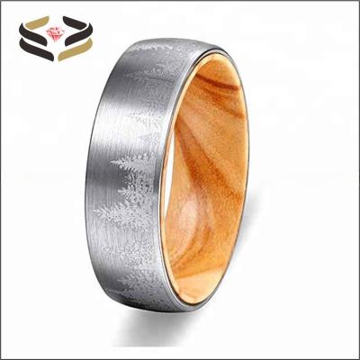 China 8mm Silver Tungsten Ring with Olive Wood Interior and Forest Laser Engraving for Wedding Bands and Gifts for sale