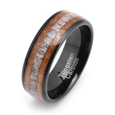 China 8mm Black Tungsten Wedding Ring with Whiskey Barrel Wood Deer Antler Inlay - Comfort Fit Sample Making Service for sale