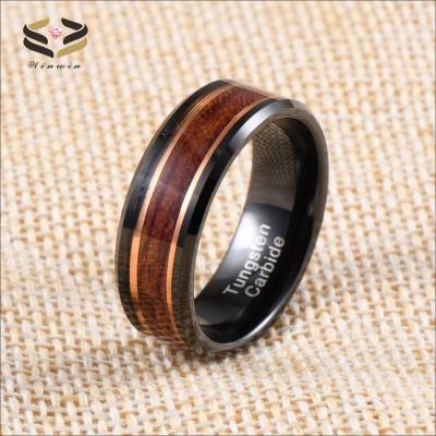 China 8mm Rose Gold Line Rosewood Inlay Black Tungsten Carbide Men Wedding Ring with Appraisal Certificate for sale