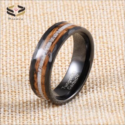 China 8mm Hammered Whiskey Barrel Wood Deer Antler Inlay Black Tungsten Ring Children Wedding Band for sale