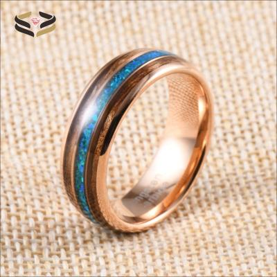 China 8mm Tungsten Ring with Wood and Opal Inlay Rose Gold Wedding Band for sale