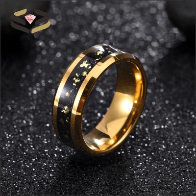 China 8mm Round Gold Tungsten Wedding Band with Gold Leaf Inlay and Beveled Edges for sale