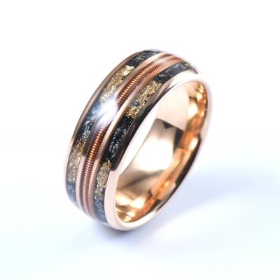 China 8mm Men's Tungsten Wedding Band Ring Rose Gold Plating with Guitar String Meteorite Gold Foil Inlay for sale