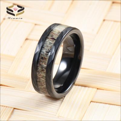 China Custom 8mm Hammered Black Tungsten Ring with Deer Antler Inlay for Men Wedding for sale