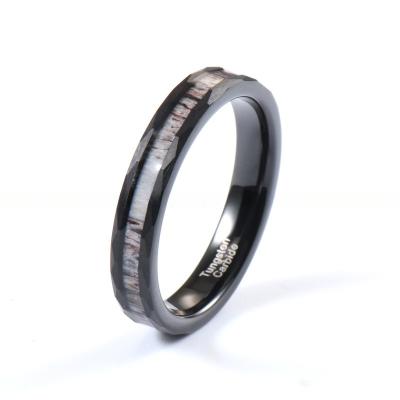 China 4mm Deer Antler Inlay Hammered Black Tungsten Ring Women Wedding Band Comfort Fit for sale