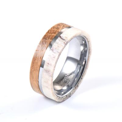China 8mm Natural Deer Antler Whiskey Barrel Wood Inlay Tungsten Carbide Ring Mens Vintage Wedding Band for sale