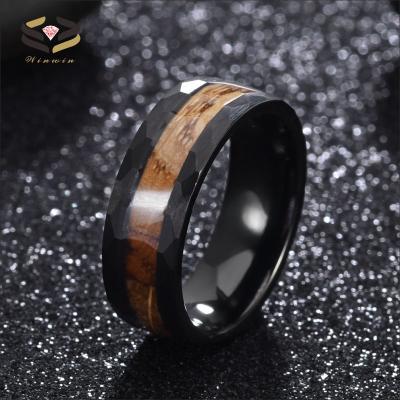 China 8mm Black Tungsten Wedding Band Ring Hammer Finish Whiskey Barrel Wood Inlay Men for sale