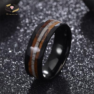 China Geometric 8mm Black Tungsten Ring Deer Antler Whiskey Barrel Wood Inlay Wedding Band for sale