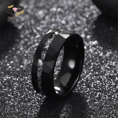 China 8mm Silver Black Hammered Brushed Tungsten Ring with Meteorite Shaving Inlay Men Wedding Band for sale