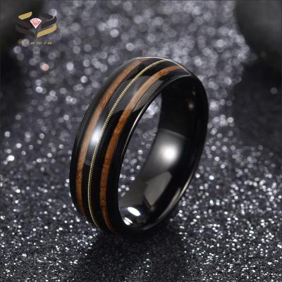 China Black Tungsten Carbide Ring with Whiskey Barrel Wood and Gold Guitar String Inlay 8mm for sale