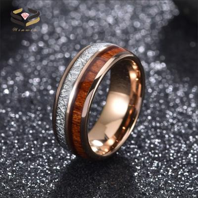 China Tungsten Wedding Band Ring with Meteorite and Koa Wood Inlay for Men 8mm Comfort Fit for sale