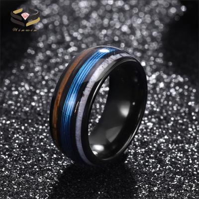 China 8mm Black Deer Antler Tungsten Ring with Blue Fishing and Whiskey Barrel Wood Inlay Men Wedding Band for sale