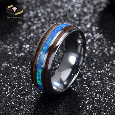 China 8mm Silver Black Tungsten Carbide Wedding Ring with Koa Wood and Blue Opal Inlay for sale