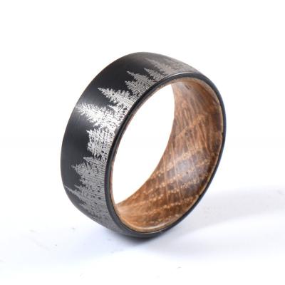 China 8mm Black Plated Tungsten Ring with Whiskey Barrel Wood and Gold Ebony Inner Ring Geometric Wedding Band for sale