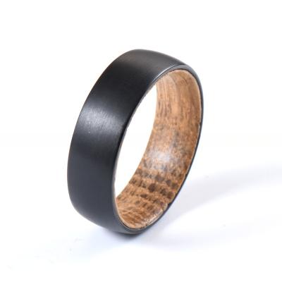 China Geometric Pattern 8mm Black Brushed Tungsten Carbide Ring with Whiskey Barrel Wood Inlay Wedding Band for sale