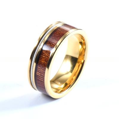 China 8mm Flat Gold Tungsten Carbide Ring with Koa Wood and Guitar String Inlay for Men for sale