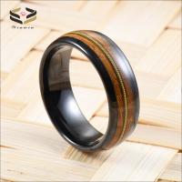 China Custom 8mm Black Tungsten Carbide Ring Polished Finish Whiskey Barrel Wood Gold Guitar String Inlay All Sizes for sale