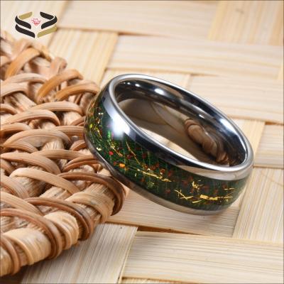 China 8mm High Polished Tungsten Carbide Ring Opal Gold Foil Green Box Elder Wood Inlay Men Wedding Band for sale