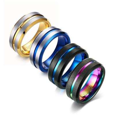 China 8mm Brushed Black Blue Gold Tungsten Ring Beveled Edge Single Groove Mens Wedding Band Comfort Fit for sale