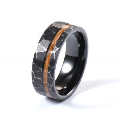 China Vintage Whiskey Barrel Wood Inlay Black Hammered Tungsten Ring Wedding Band Men Size 8-13 for sale