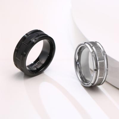 China Classic Silver Black Tungsten Ring 8mm Double Groove Beveled Edge Men Wedding Band for sale