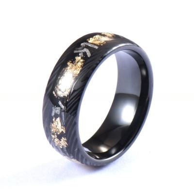 China 8mm Black Damascus Tungsten Ring with Meteorite Gold Leaf Inlay Wedding Band for Men for sale
