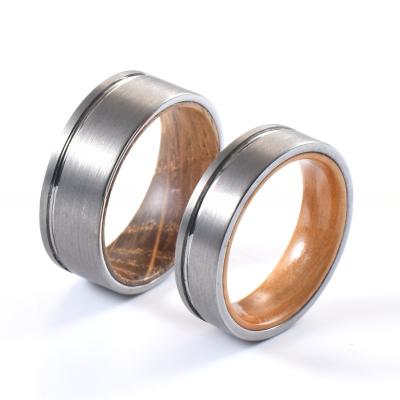 China 8mm 6mm Men's Tungsten Carbide Flat Edge Ring with Olive Wood Whiskey Wood Inlay Wedding Band for sale