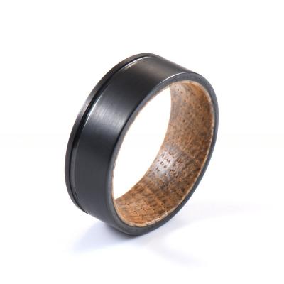 China 8mm Black Tungsten Ring with Grooved Offset Whiskey Barrel Wood Liner Classic Men Wedding Band for sale