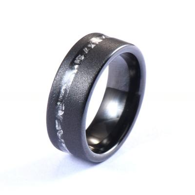 China 8mm Black Plated Sandblasted Tungsten Wedding Ring with Crushed Meteorite Inlay for sale