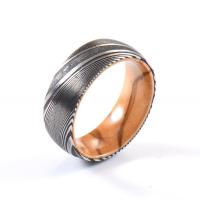 China 8mm Dome Damascus Steel Ring with Olive Wood Inlay - Men's Wedding Band with Third Party Appraisal for sale