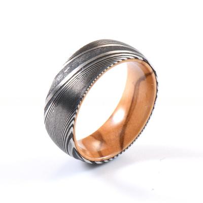 China 8mm Dome Damascus Steel Ring with Olive Wood Inlay - Men's Wedding Band with Third Party Appraisal for sale