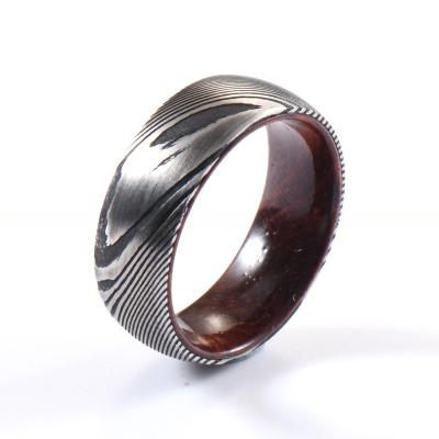 China 8mm Dome Damascus Steel Ring with Polished Rosewood Inlay - Men's Wedding Engagement Band in Trendy Style for sale