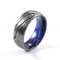 China 8mm Damascus Steel Ring with Blue Purple Wood Inlay - Wedding Engagement Men's Gift Dome Design for sale