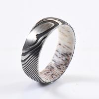 China 8mm Dome Damascus Steel Ring with Natural Deer Antler Sleeve - Channel Setting Inlay for Men's Wedding Engagement for sale