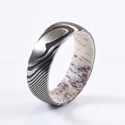 China 8mm Dome Damascus Steel Ring with Natural Deer Antler Sleeve - Channel Setting Inlay for Men's Wedding Engagement for sale