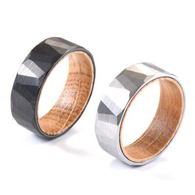 China 8mm Faceted Hammered Tungsten Ring with Whiskey Barrel Wood Inner Comfort Fit for sale