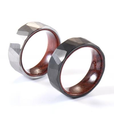 China Unisex 8mm Black Rose Wood Inlay Tungsten Ring Classic Faceted Wedding Band for Men for sale
