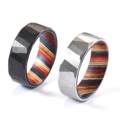 China 8mm Tungsten Carbide Wedding Ring Box Elder Wood Inlay Black Faceted Hammered Finish for sale