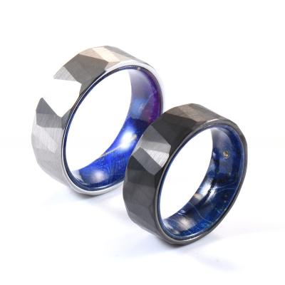 China 8mm Tungsten Ring with Blue Purple Box Elder Wood Inlay Brushed Faceted Silver or Black Wedding Band for sale