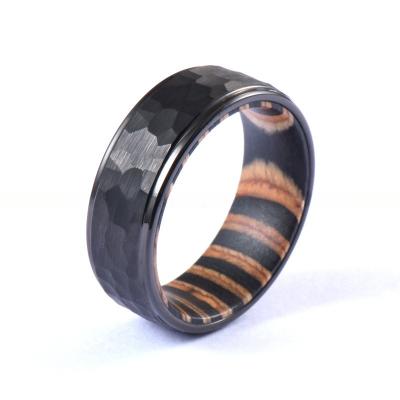 China Black Tungsten Hammered Ring 8mm Step Edge Box Elder Wood Wedding Band for sale