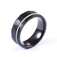 China Black Tungsten Wedding Band 8mm Faceted Hammered Finish with White Guitar String Inlay Comfort Fit for sale
