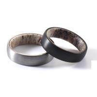 China 6mm Silver or Black Plated Wedding Band with Natural Deer Antler Inside Dome Edges Comfort Fit for sale