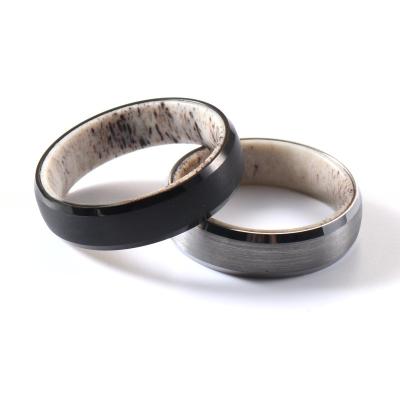 China 6mm Tungsten Ring with Natural Deer Antler Inlay Silver or Black Plated Beveled Edges Unisex Wedding Band for sale
